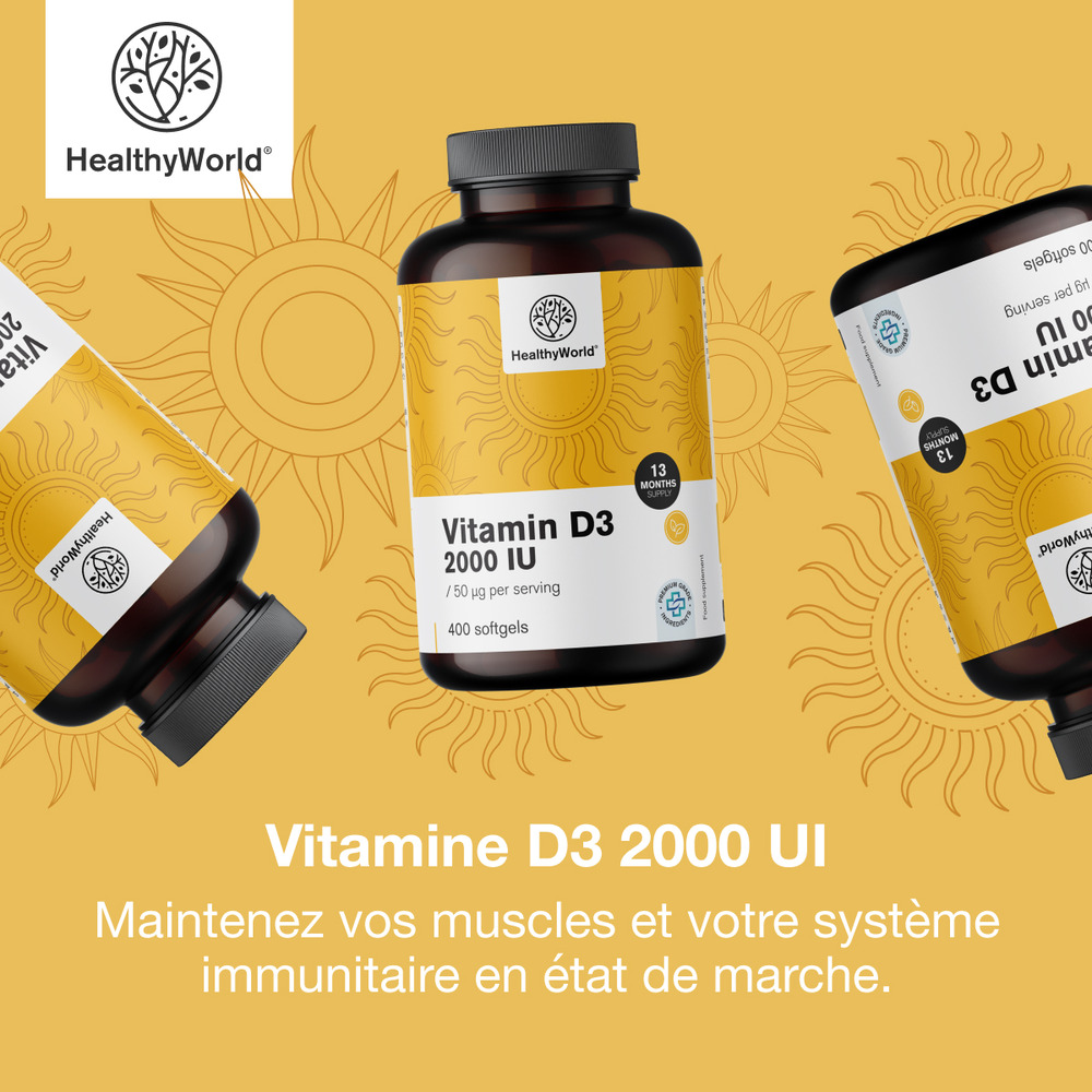 3x Vitamine D3 2000 UI, ensemble 1200 gélules molles - HealthyWorld.fr